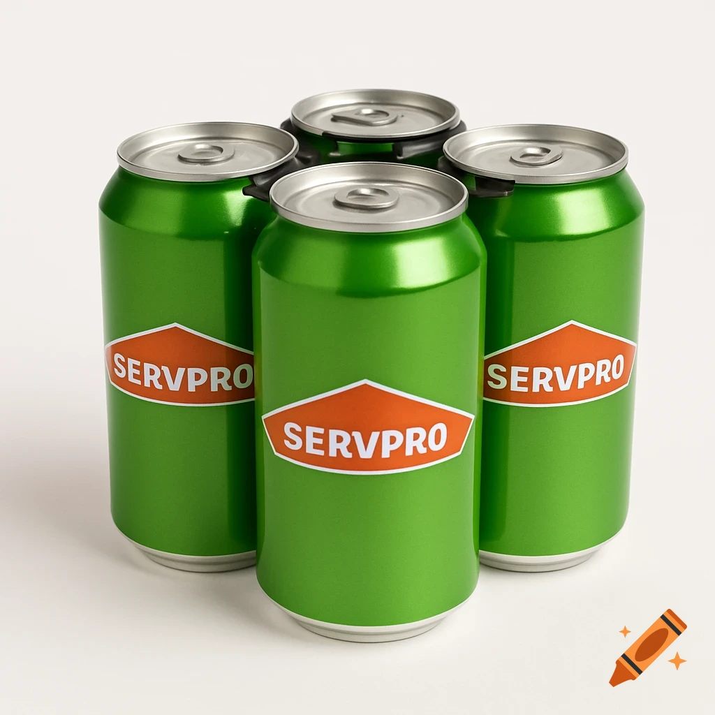 Four green cans with an orange and white SERVPRO logo are arranged on a ...