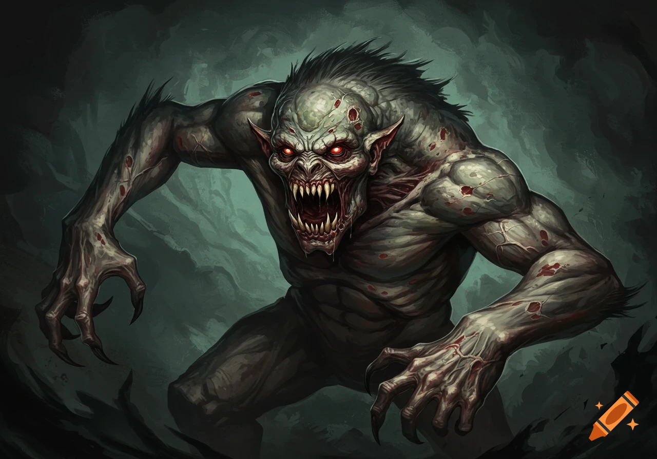 A snarling, grey-skinned fantasy beast with glowing red eyes and sharp ...