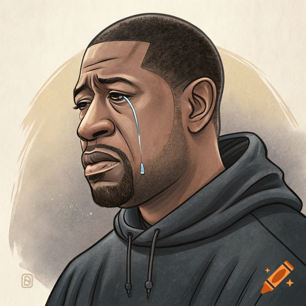 Stylized illustration of a sad George Floyd crying, with a single tear ...