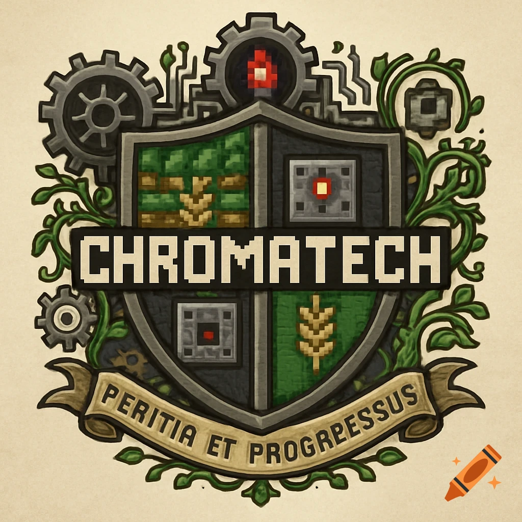 A Minecraft-style crest logo for "Chromatech" with gears, circuit patterns, pixelated crops, and ...