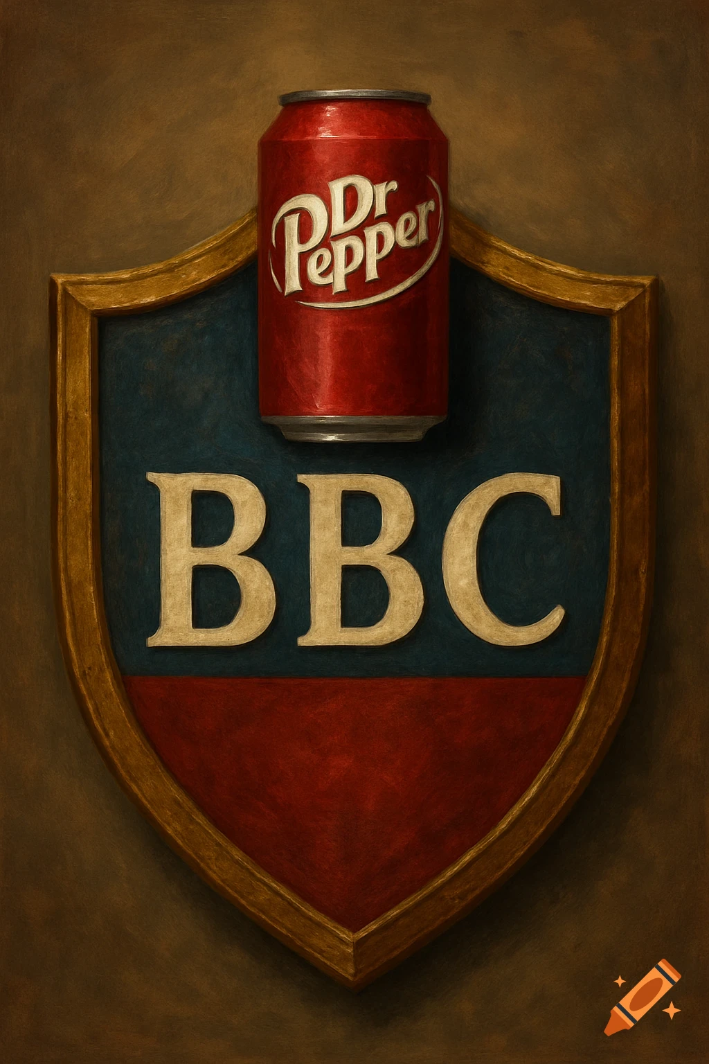 A Dr. Pepper can sits atop a shield displaying the letters 'BBC' in a ...