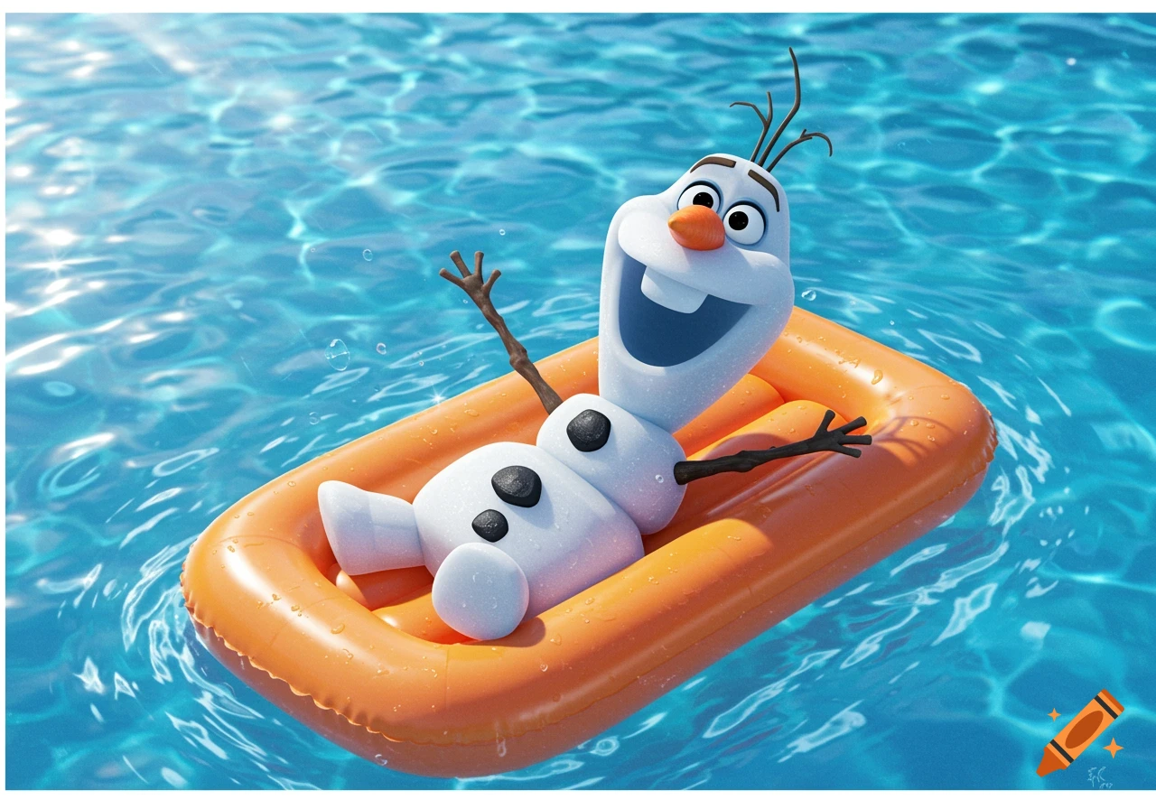 Olaf from Frozen happily floats on an orange inflatable raft in a ...