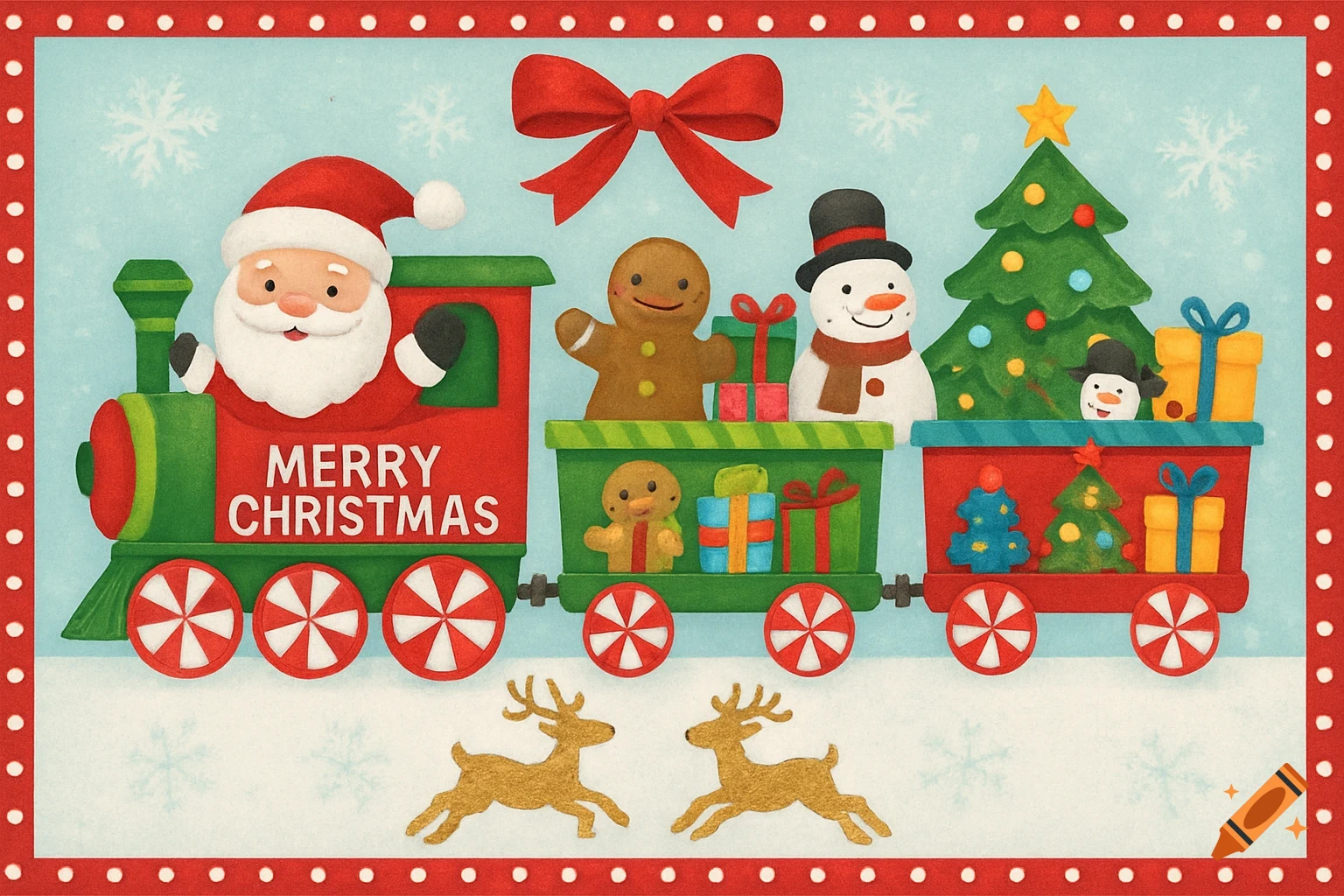 Cartoon Christmas train with Santa, gingerbread man, snowmen, gifts ...