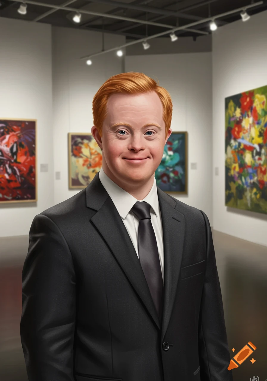A photorealistic portrait of a man with ginger hair and Down syndrome ...