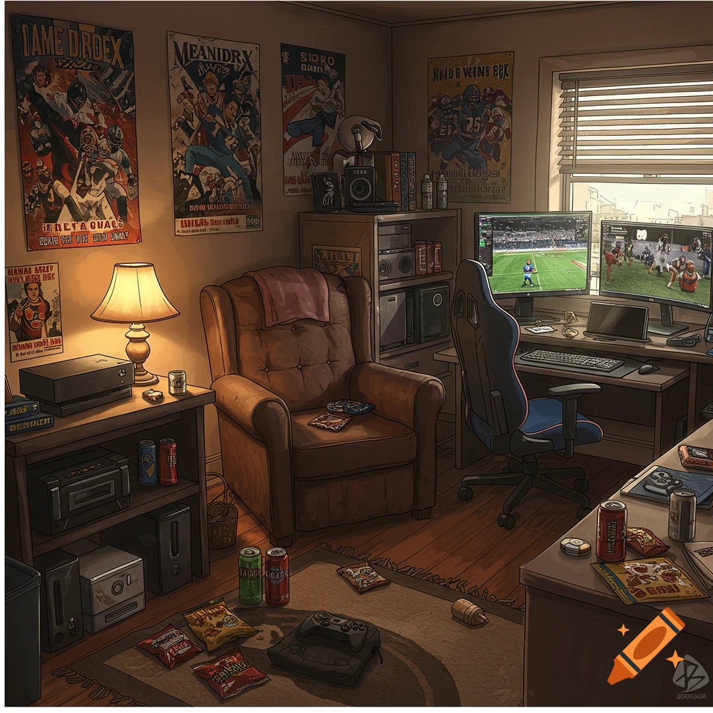 Detailed illustration of a messy gaming room with a recliner, computer ...