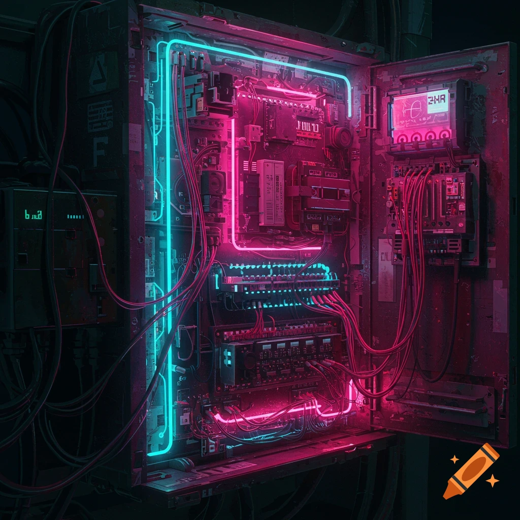 An open cyberpunk electrical panel with glowing pink and blue neon ...