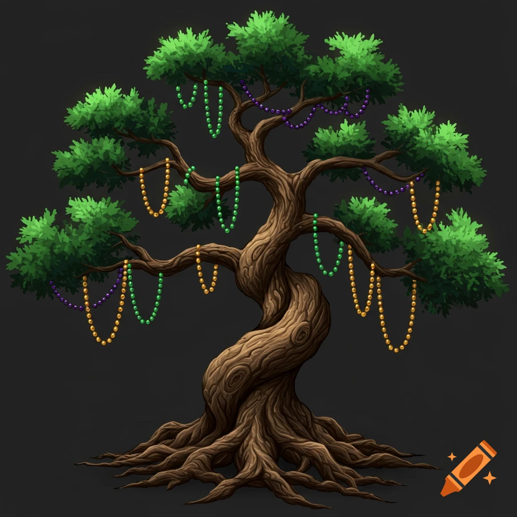 A twisted oak tree decorated with green, purple, and gold Mardi Gras ...