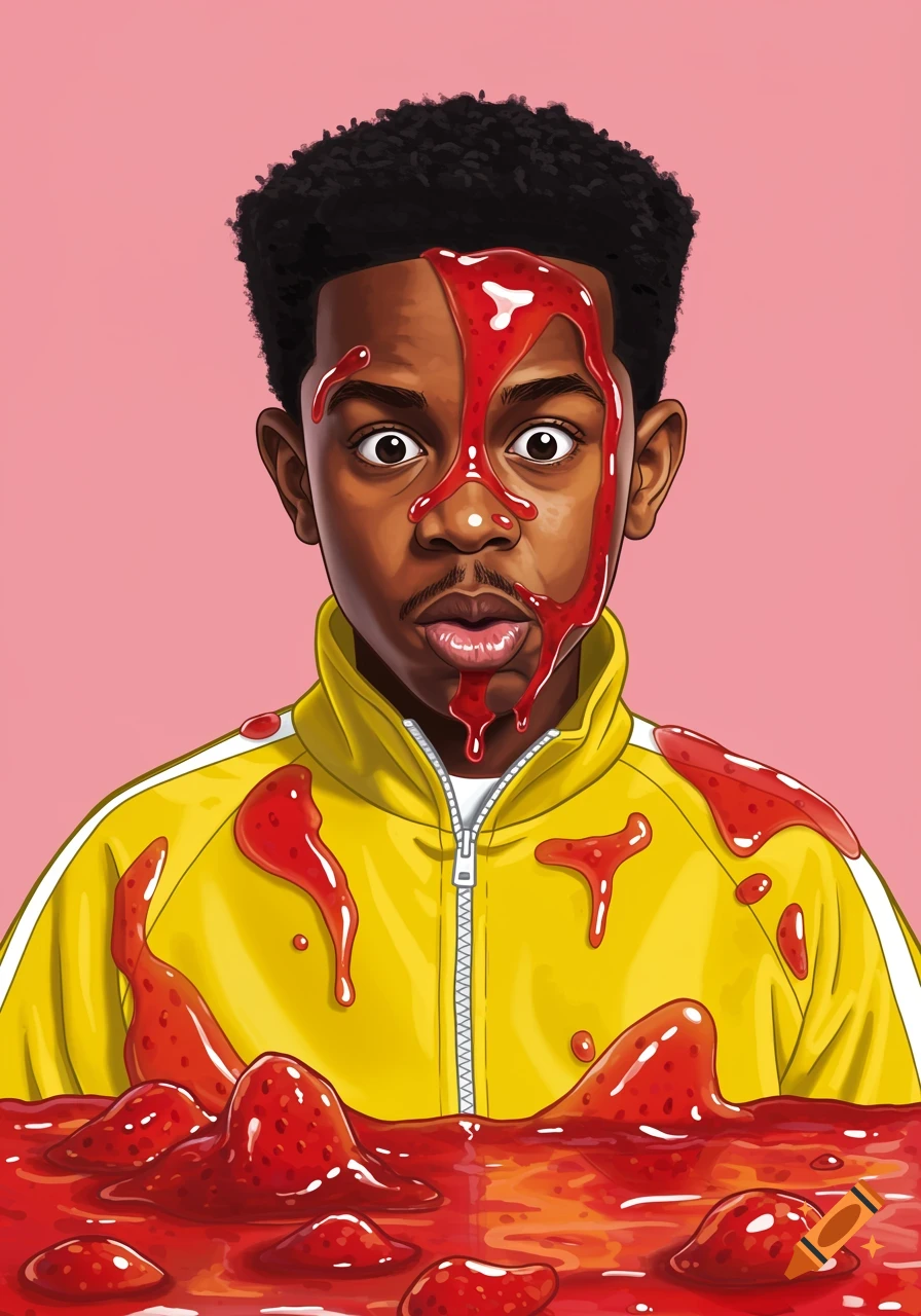 A close-up illustration of a young boy in a yellow tracksuit, covered ...