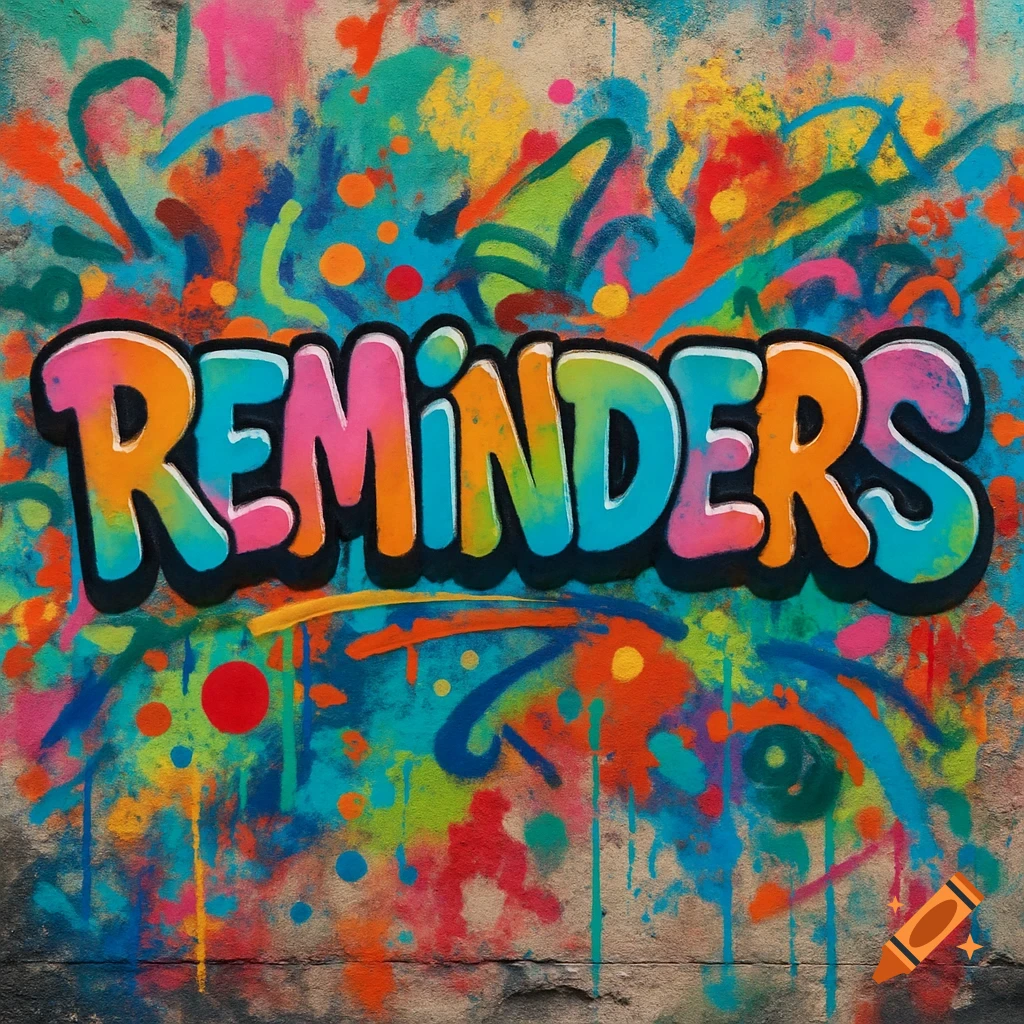 Colorful graffiti art spells out the word 'REMINDERS' on a textured ...