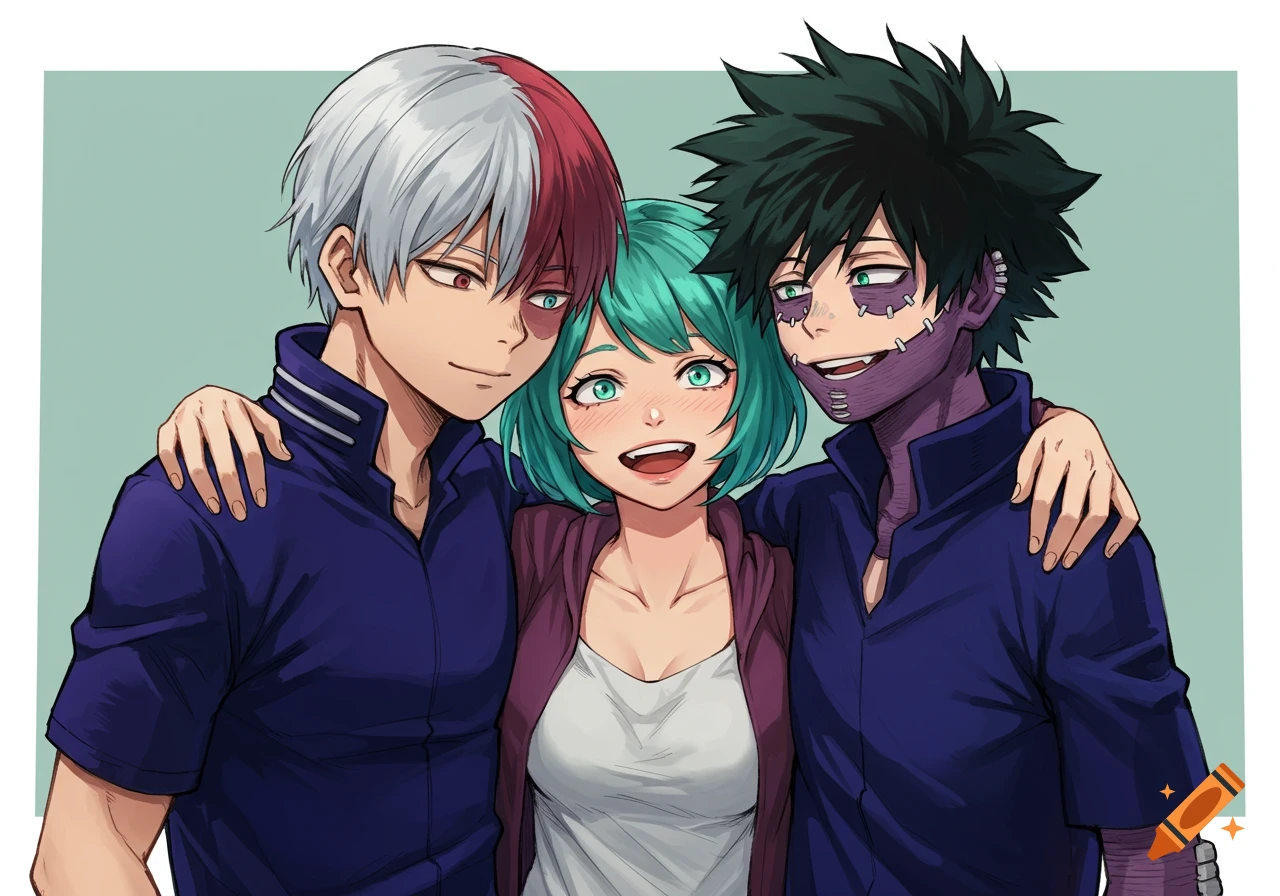 Anime drawing of Shoto Todoroki, Dabi, and a teal-haired woman smiling ...