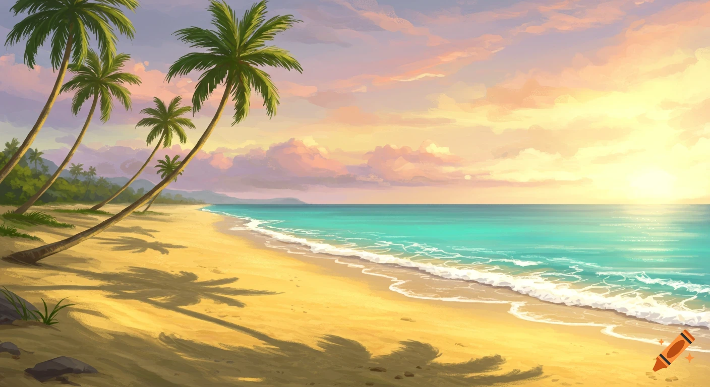 Vibrant illustration of a tropical beach at sunset with palm trees, golden sand, and turquoise ...