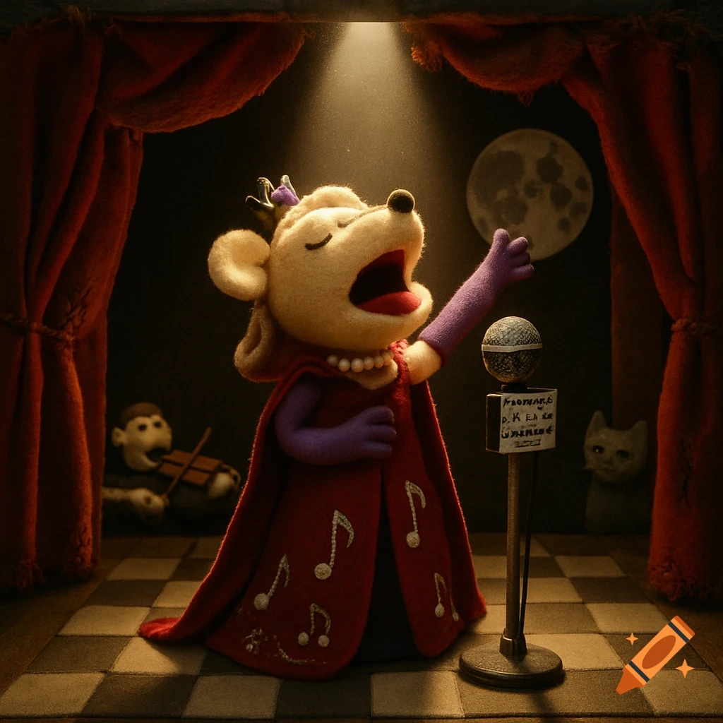 A felt mouse puppet in an opera cape and tiara sings passionately into ...