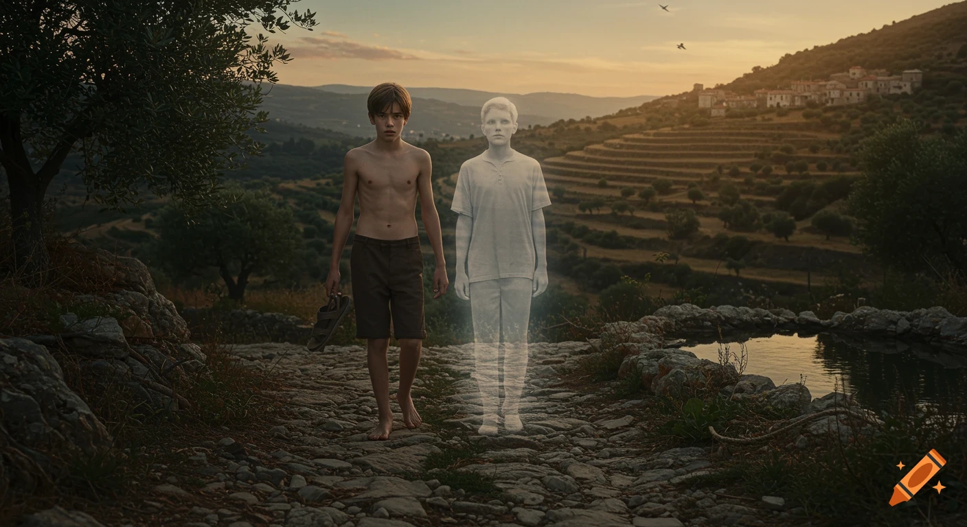 A shirtless boy walks barefoot on a stone path beside the translucent ...