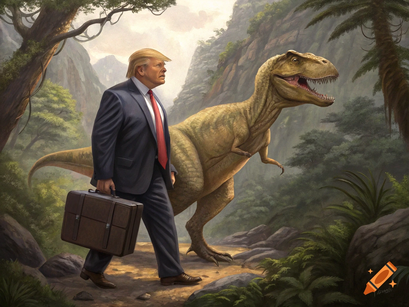 Donald Trump in a suit walks with a T-Rex through a lush jungle. on Craiyon