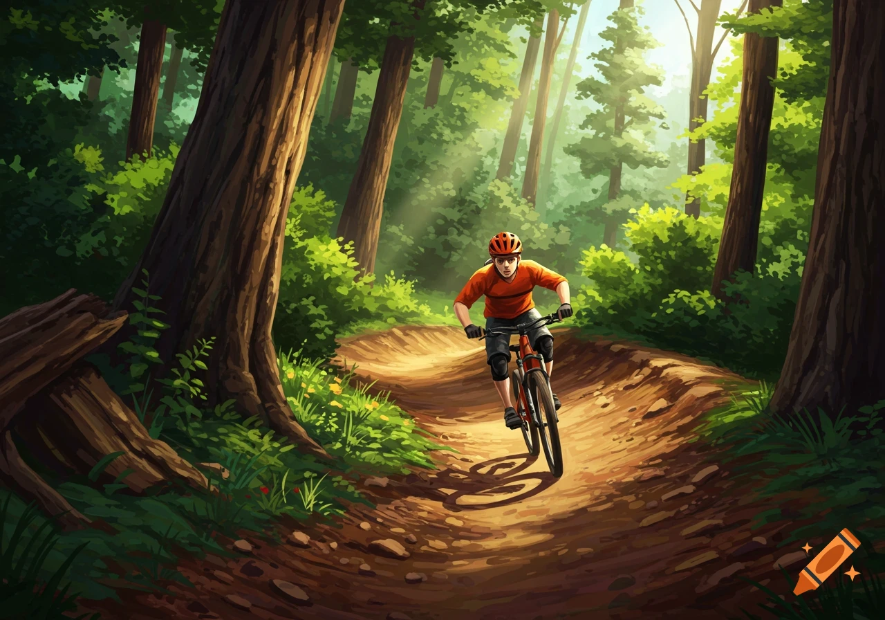 A stylized illustration of a person mountain biking down a winding dirt ...