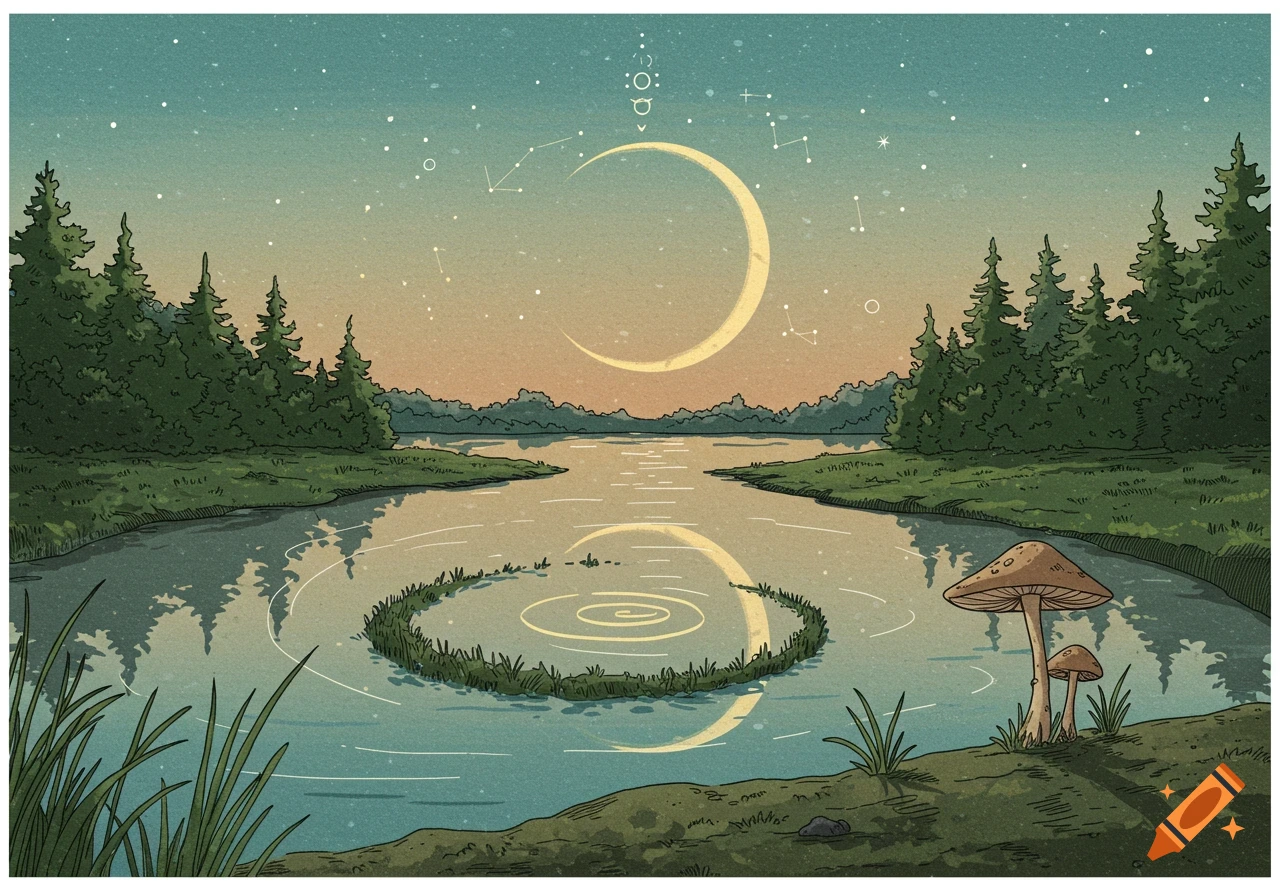 Ink and watercolor illustration of a crescent moon reflecting in a ...