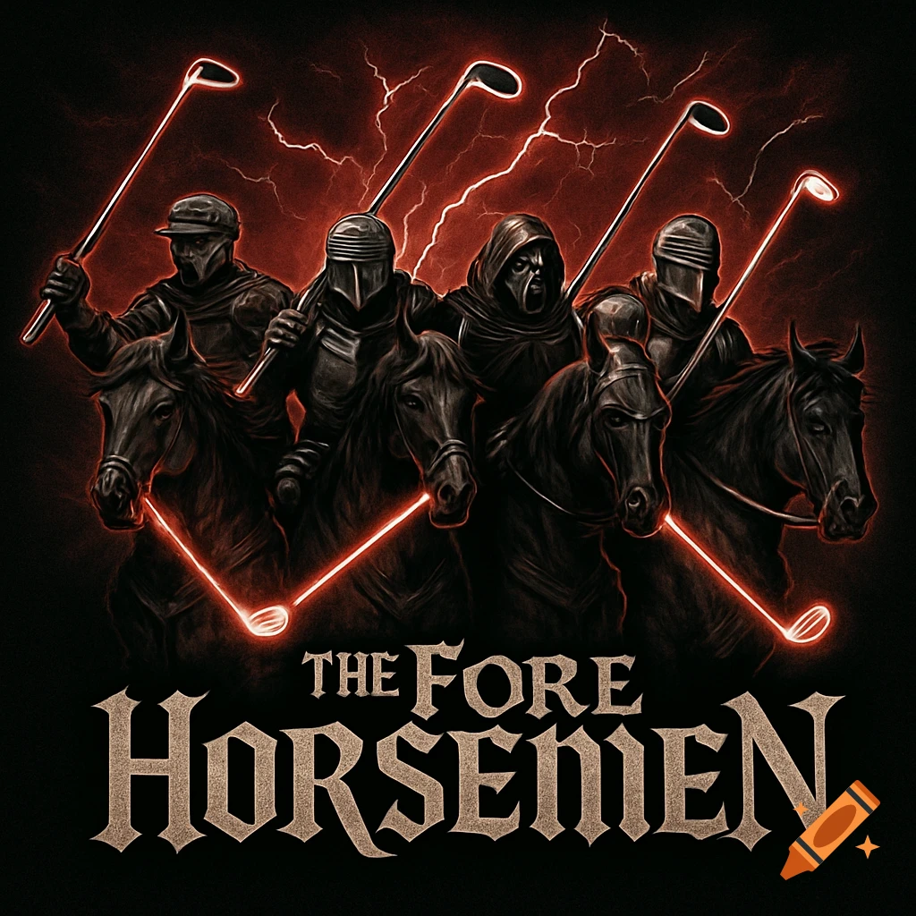 Four armored, hooded horsemen ride on warhorses, wielding glowing golf ...