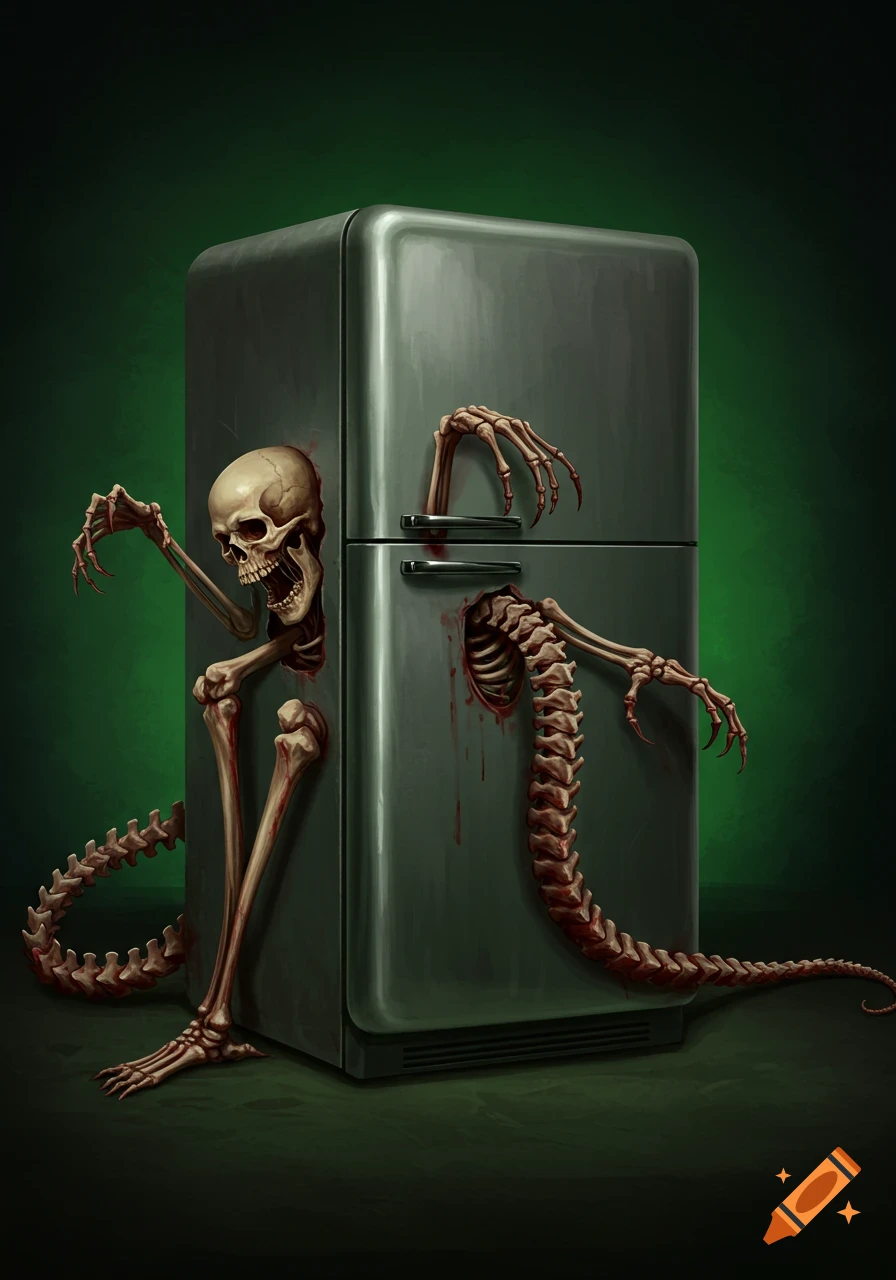 A macabre illustration of a gray refrigerator with a skeleton emerging ...