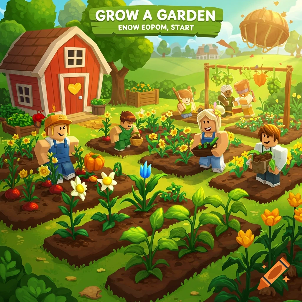 Roblox characters tending to a lush garden with a red barn and text ...