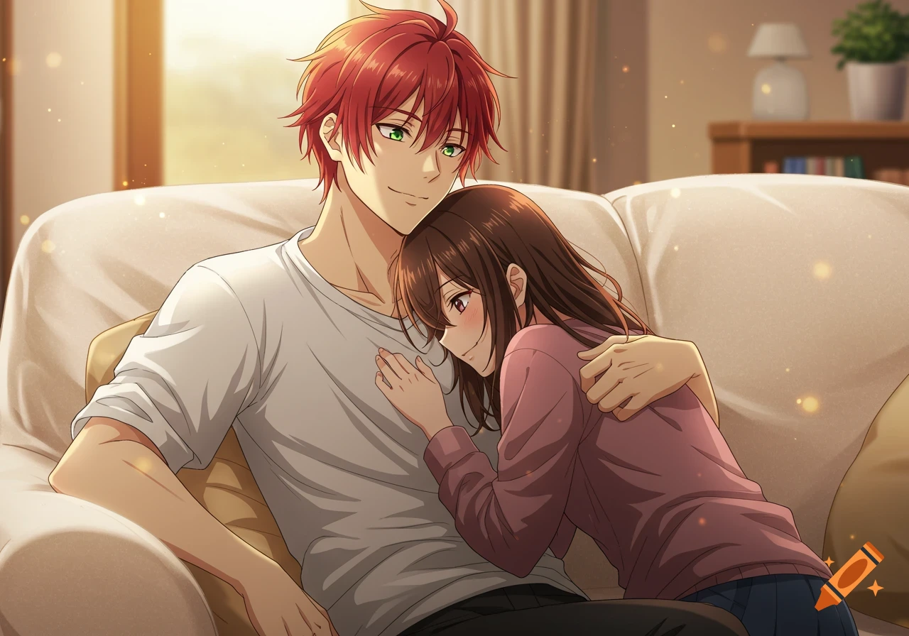 A red-haired anime man and a dark-brown haired anime woman cuddle ...