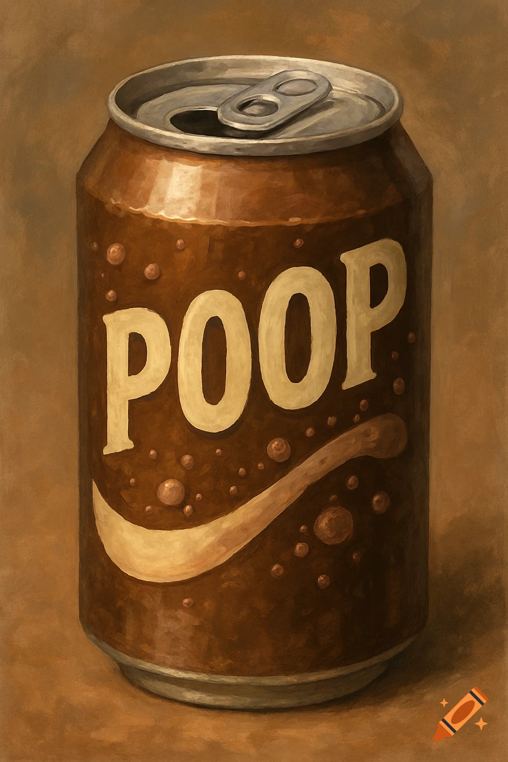 A brown soda can with the word 'POOP' written in large cream letters ...