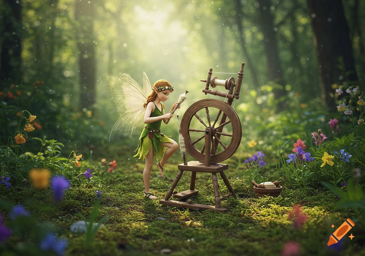 A detailed image of a fairy spinning thread on a wooden spinning wheel ...