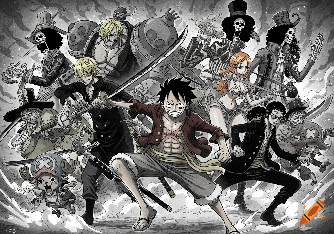 The Strawhat Pirate crew from One Piece in a dynamic, stylized group illustration, ready for ...