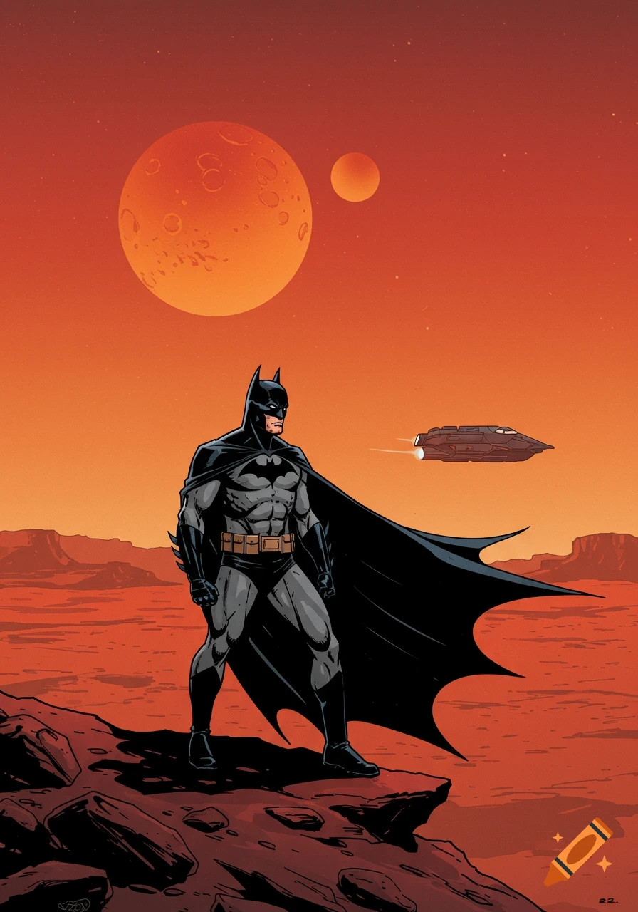 Batman stands on a rocky Martian landscape under two large orange ...