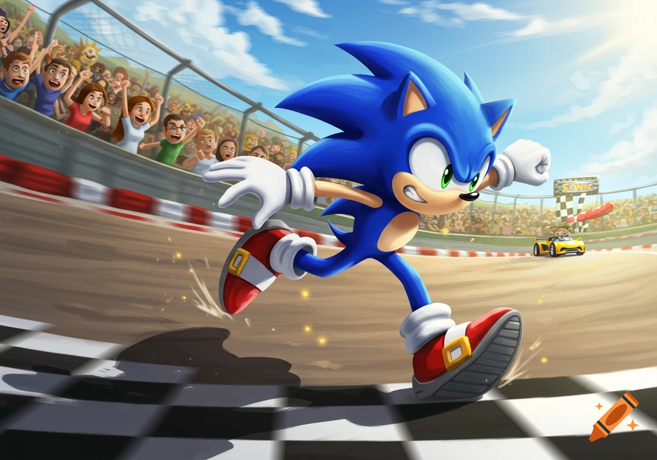 Vibrant cartoon illustration of Sonic the Hedgehog running fast on a ...
