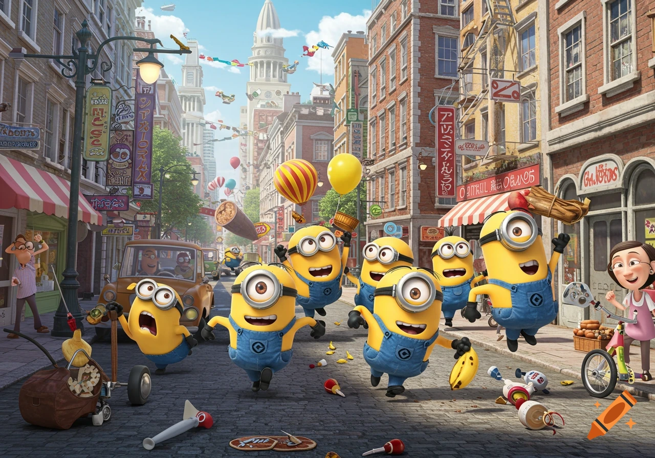 Minions are running wildly down a bustling cartoon city street, filled ...