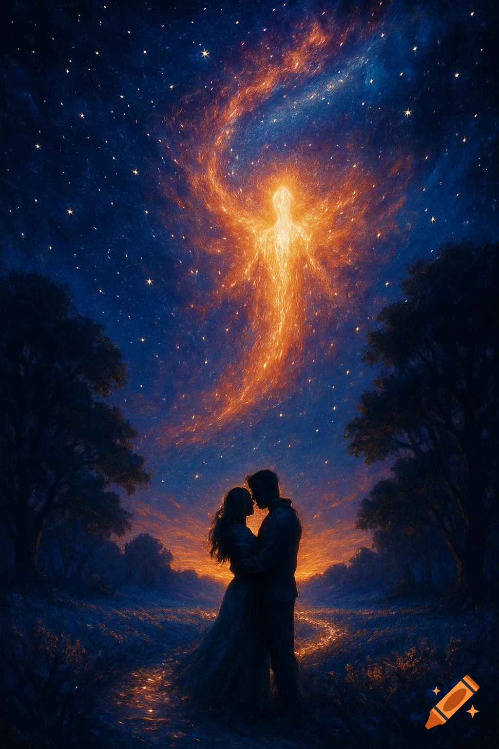 A couple embraces under a starry night sky with a luminous, ethereal ...