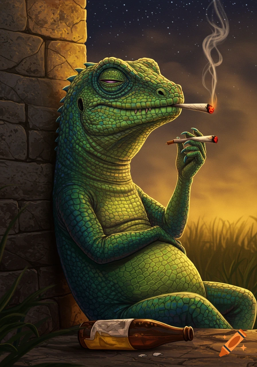 A green lizard with closed eyes smoking a joint, holding another, next ...