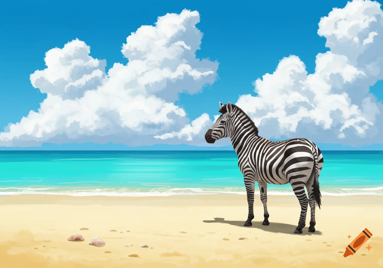 A zebra stands on a sunny beach with clear turquoise water and fluffy ...