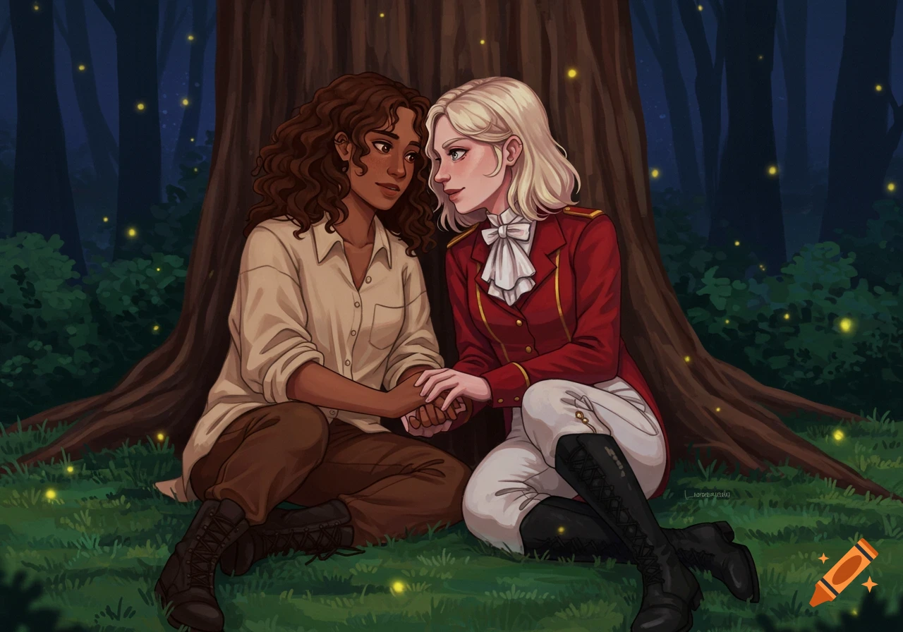 An illustration of two young women, one with brown curly hair and one with blonde hair, sitting ...