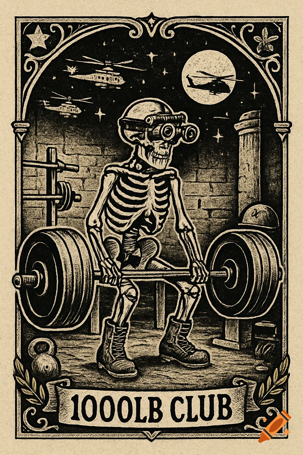 Vintage tattoo-style illustration of a skeleton in night vision goggles ...