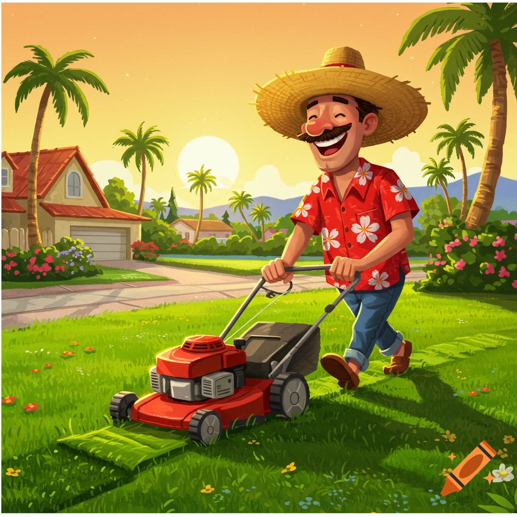Cartoon man with mustache, straw hat, and Hawaiian shirt mowing a ...