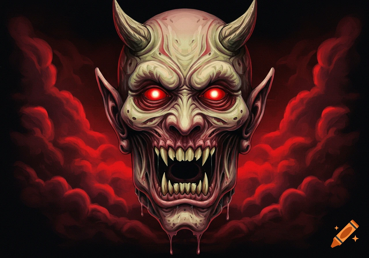 Close-up of a demonic head with glowing red eyes, sharp teeth, and horns, against a backdrop of ...
