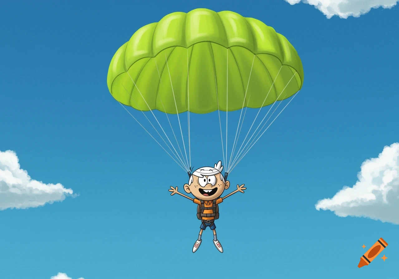 Lincoln Loud, a cartoon boy, smiles widely while parachuting under a ...