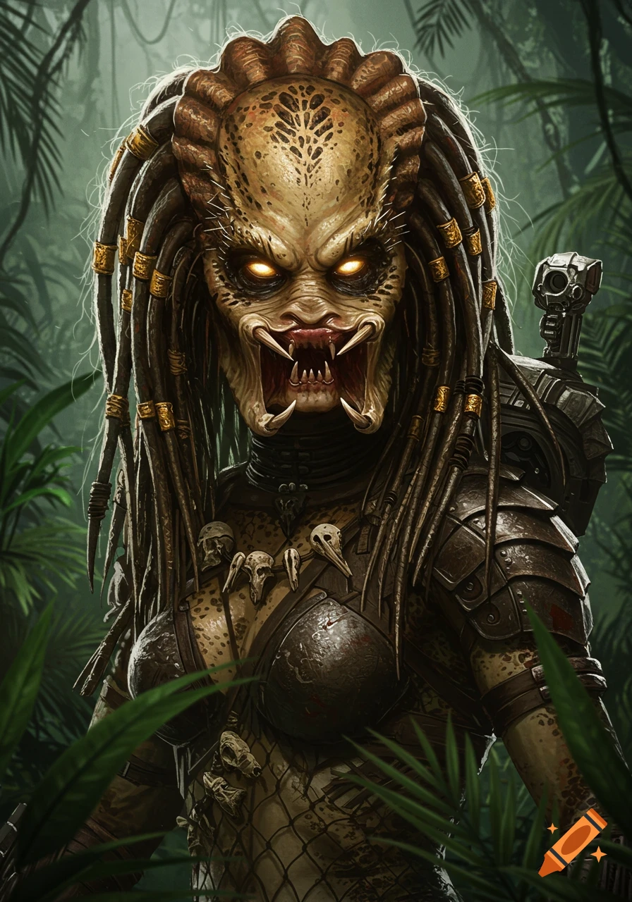 Digital painting of a female Predator monster with glowing eyes and ...