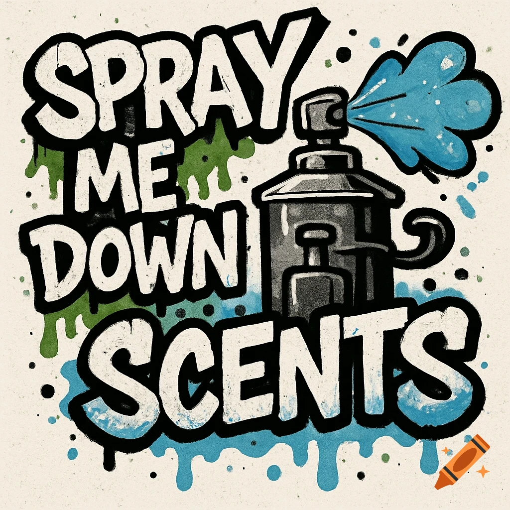 Graffiti style logo with the text "SPRAY ME DOWN SCENTS" and a spraying ...
