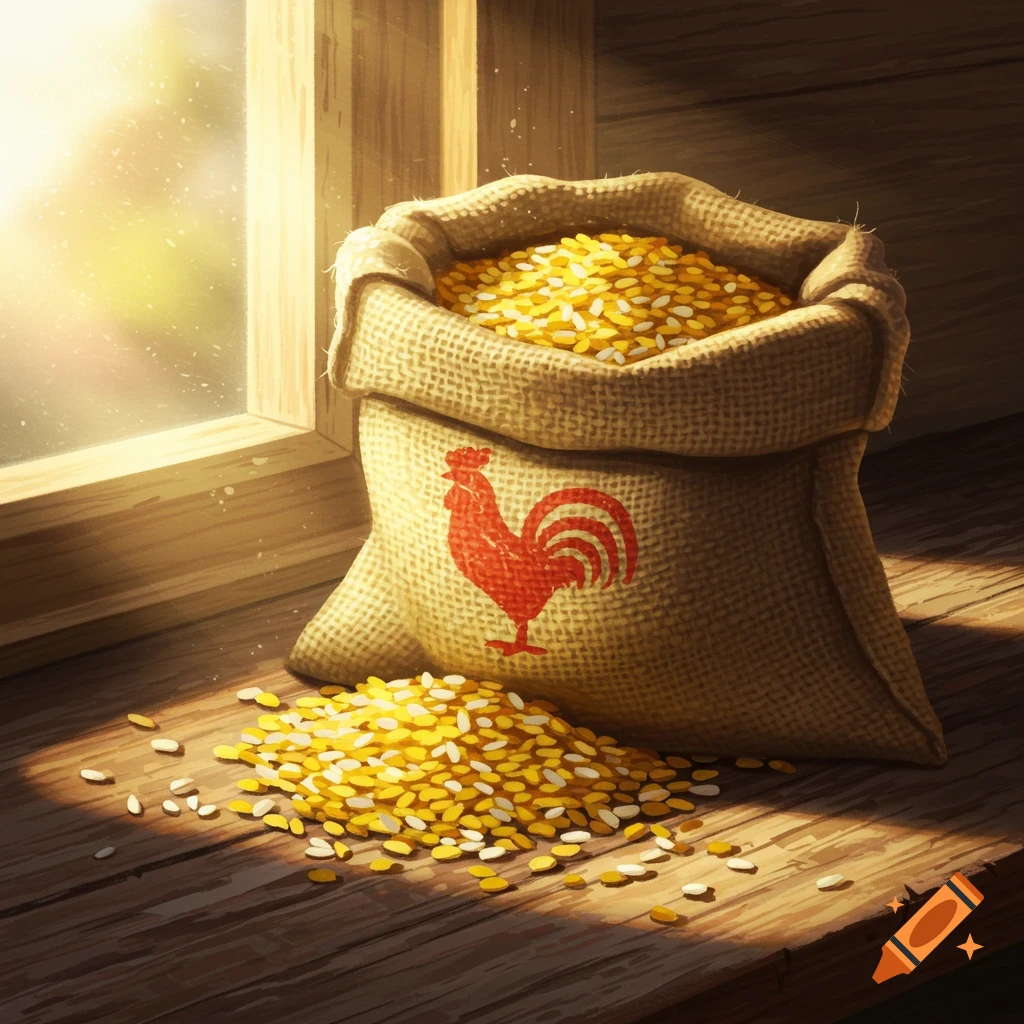 A burlap bag full of golden grain with a red rooster emblem, spilling ...