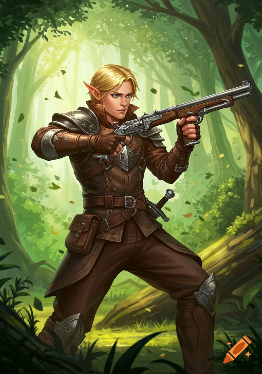 A young blond male elf gunslinger in brown leather armor holds a rifle ...