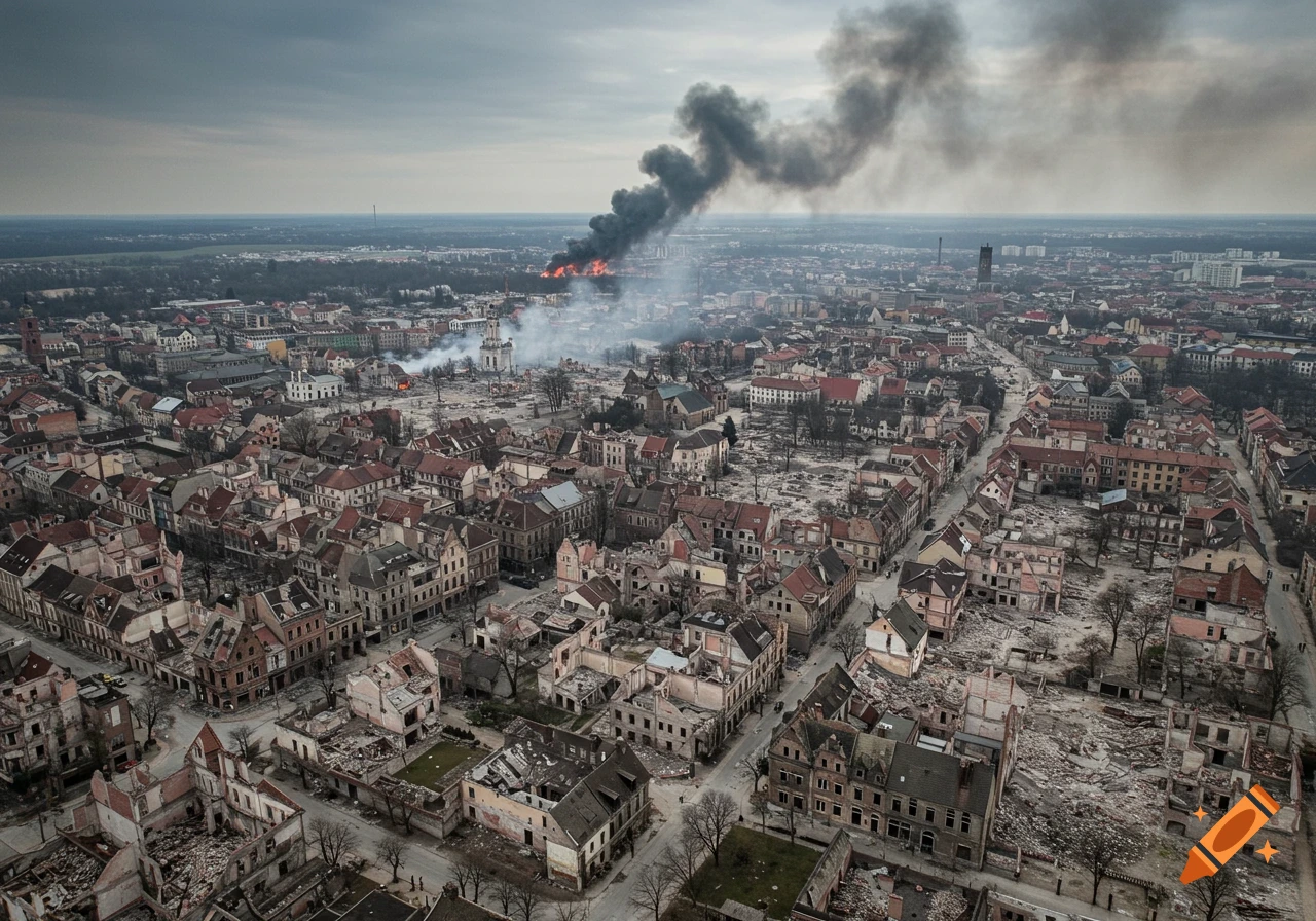 Aerial view of a war-torn city with extensive destruction, smoke rising ...