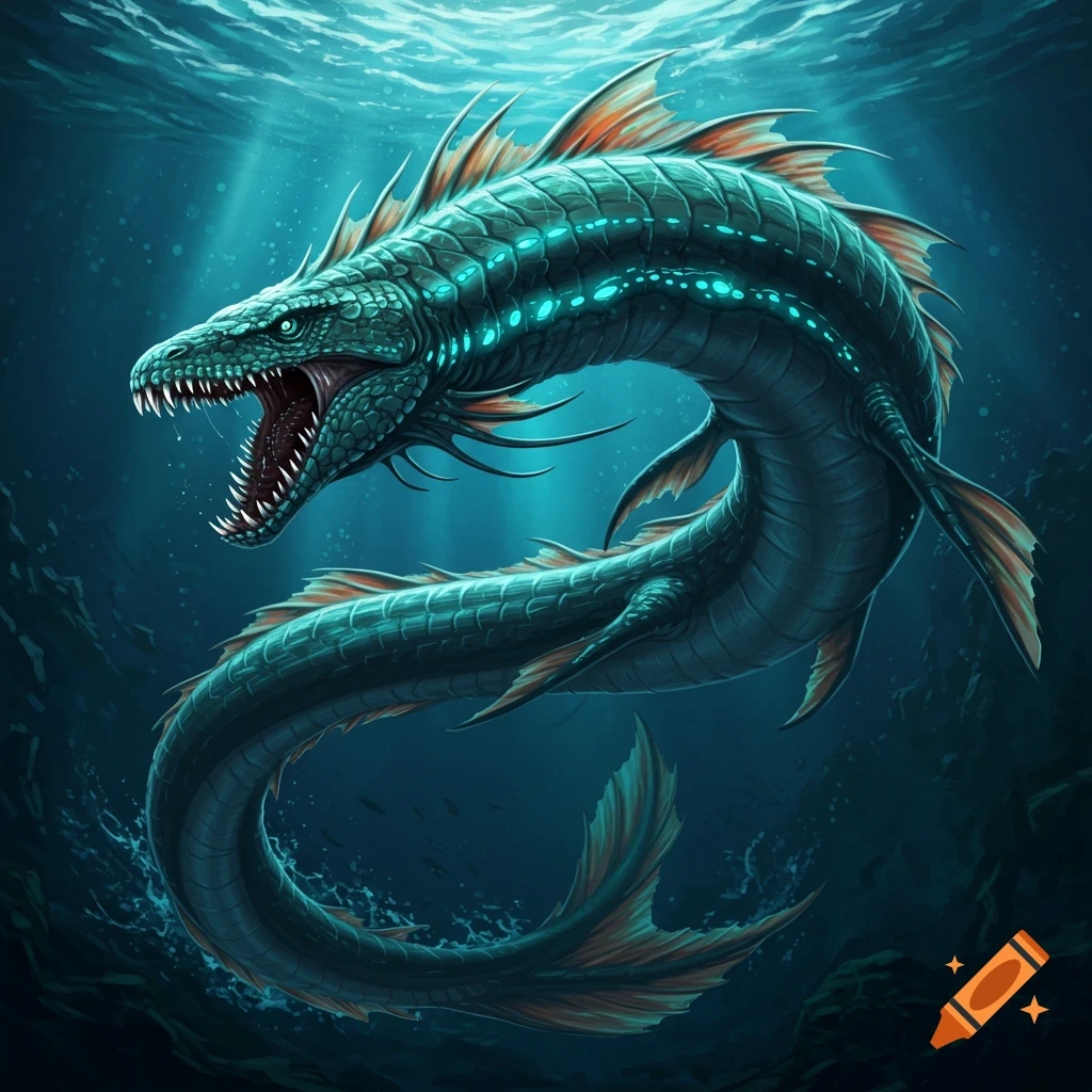 A large, teal and orange sea monster with sharp teeth and glowing blue ...