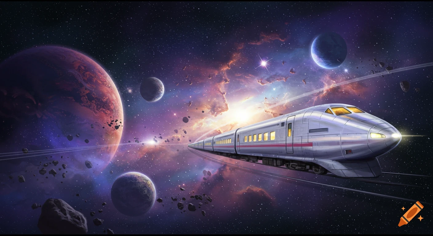 A silver bullet train travels through colorful outer space, surrounded ...