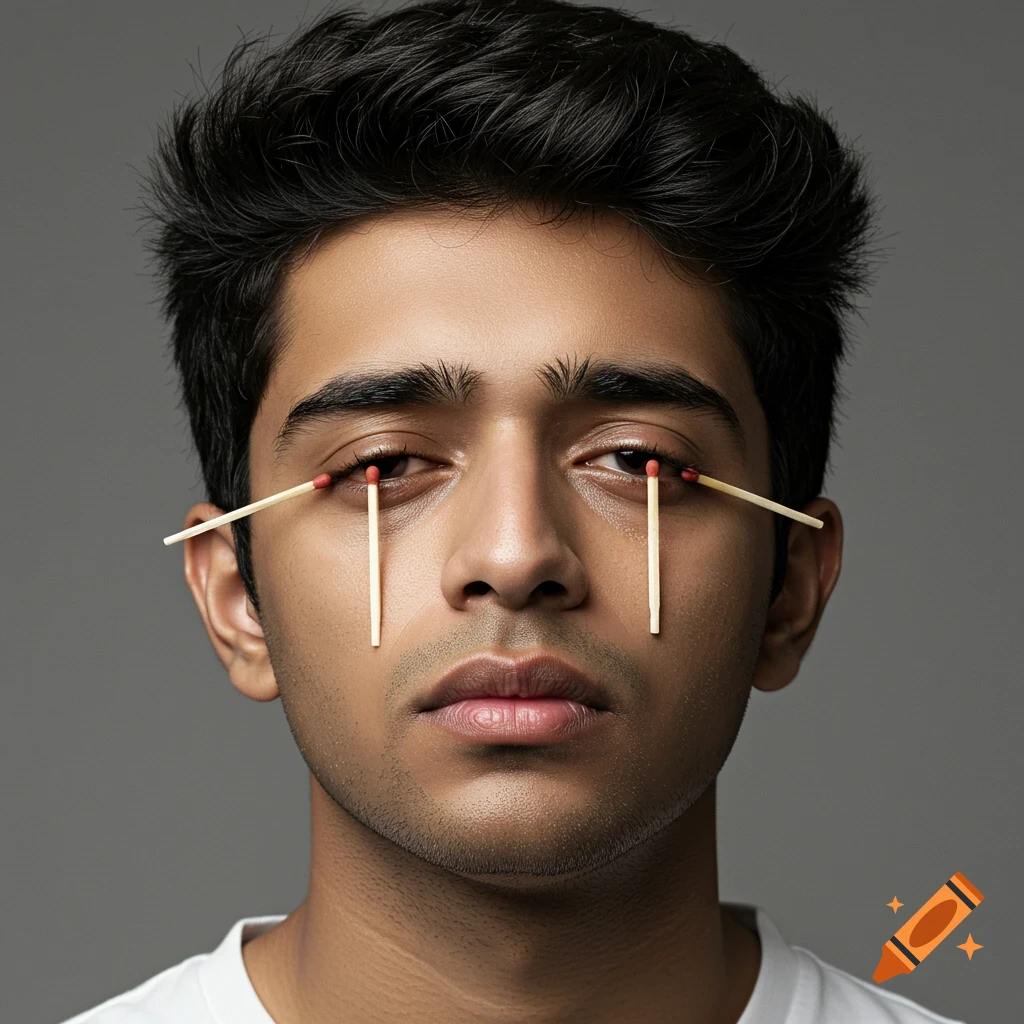 Photorealistic portrait of a young man with matchsticks holding his ...