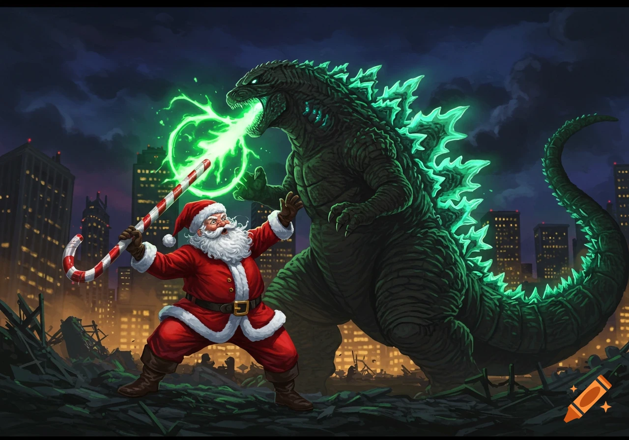 Santa Claus battles Godzilla with a giant candy cane amidst city ruins ...