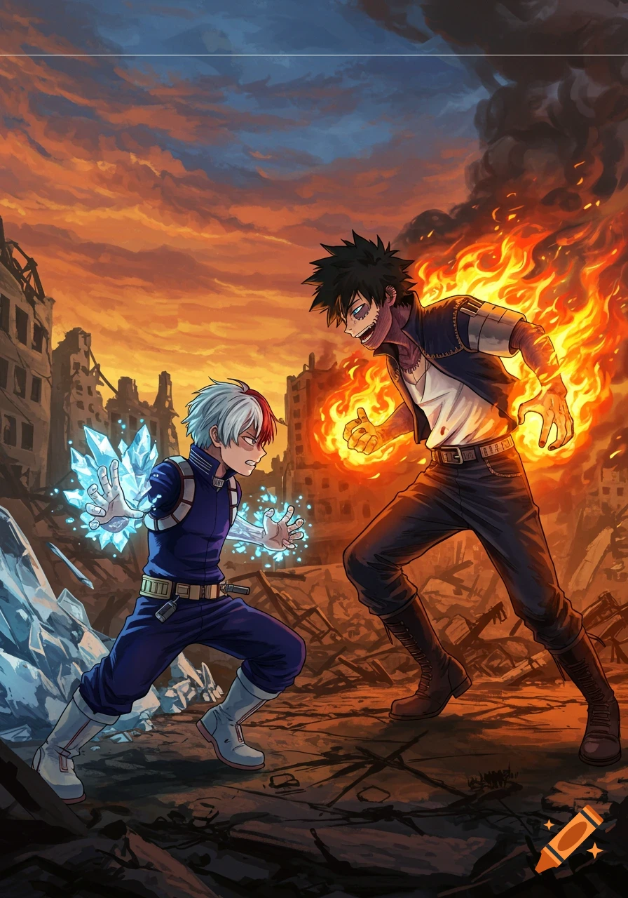 Shoto Todoroki wields ice against Dabi's flames in a ruined city at ...