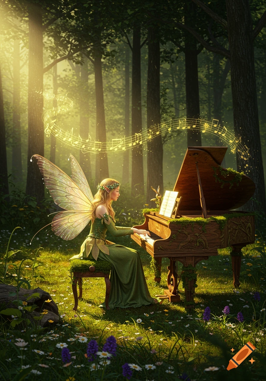 A beautiful fairy plays an ornate piano in a sun-dappled magical forest ...