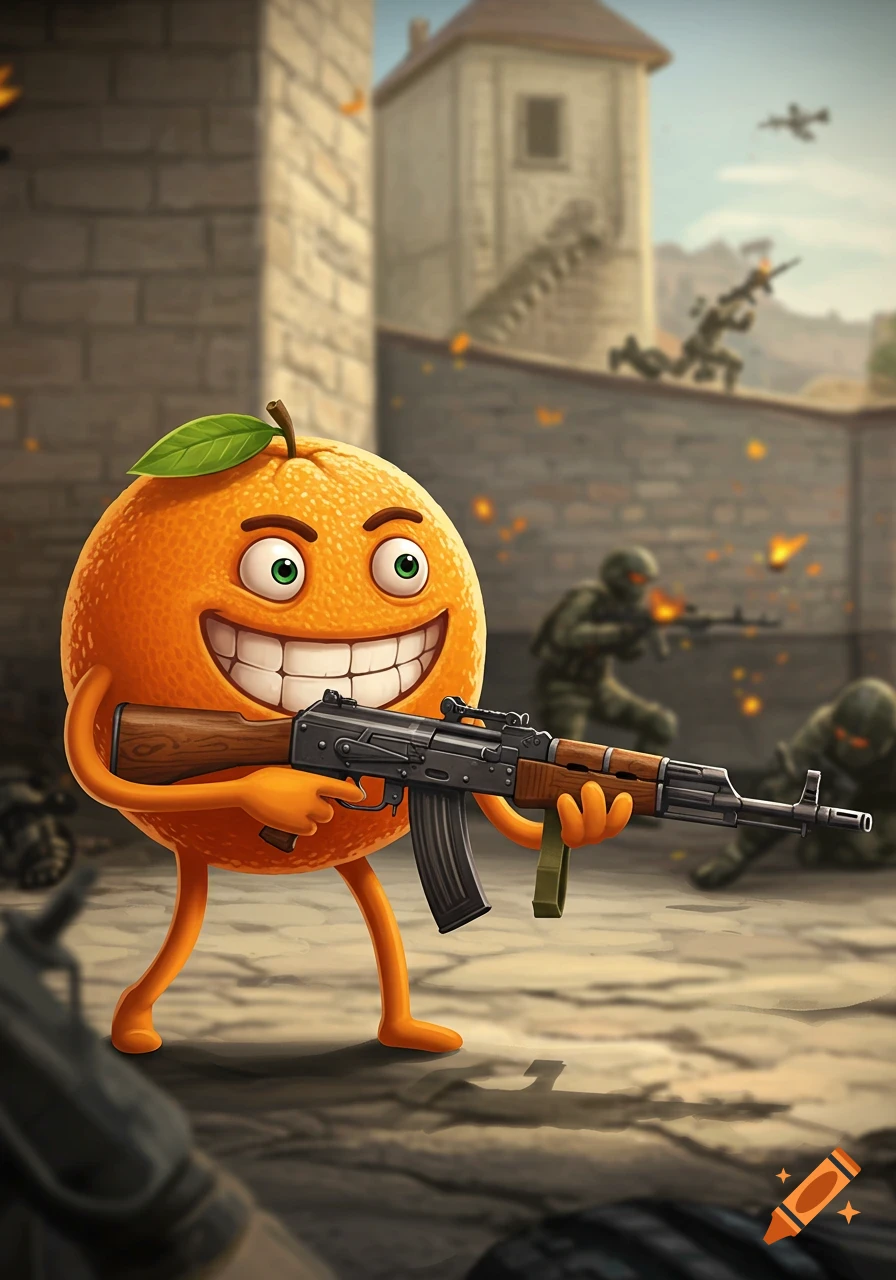 A smiling cartoon orange character holding an assault rifle in a ...